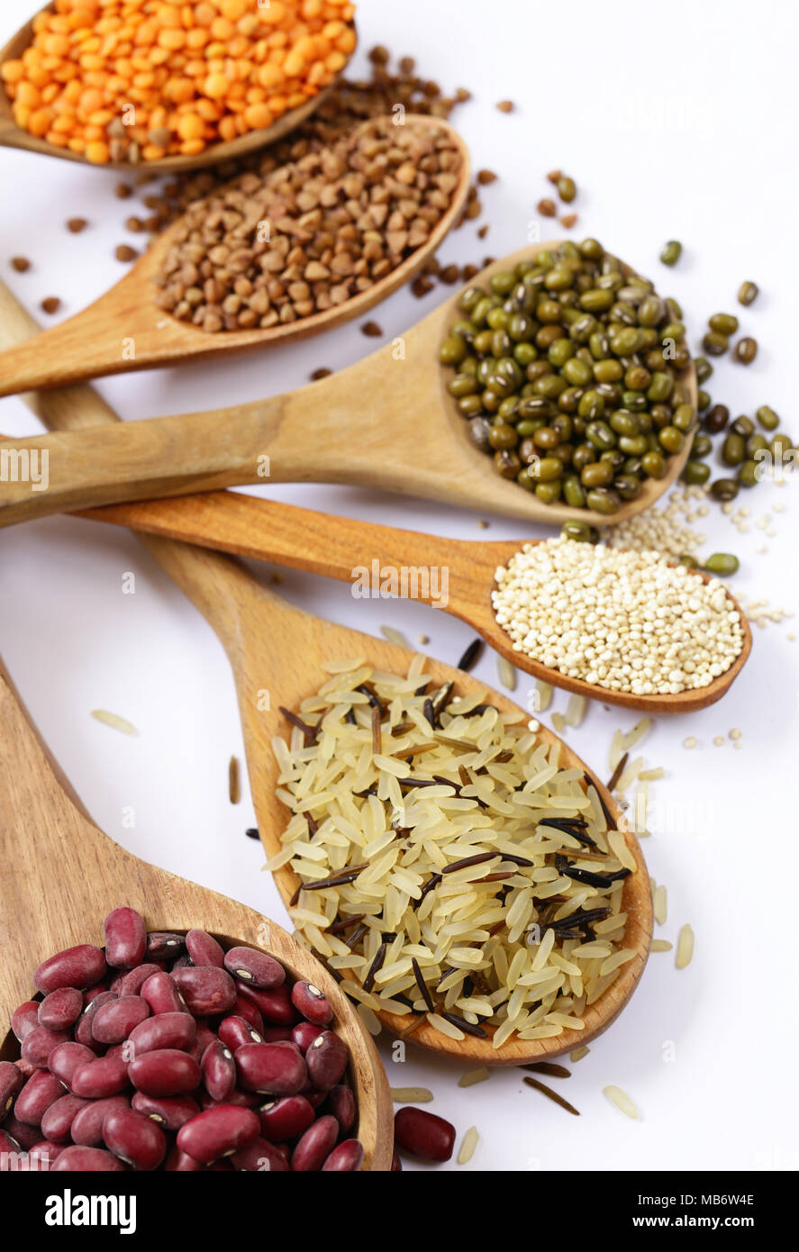 different cereals - beans, lentils, rice on a white background Stock ...