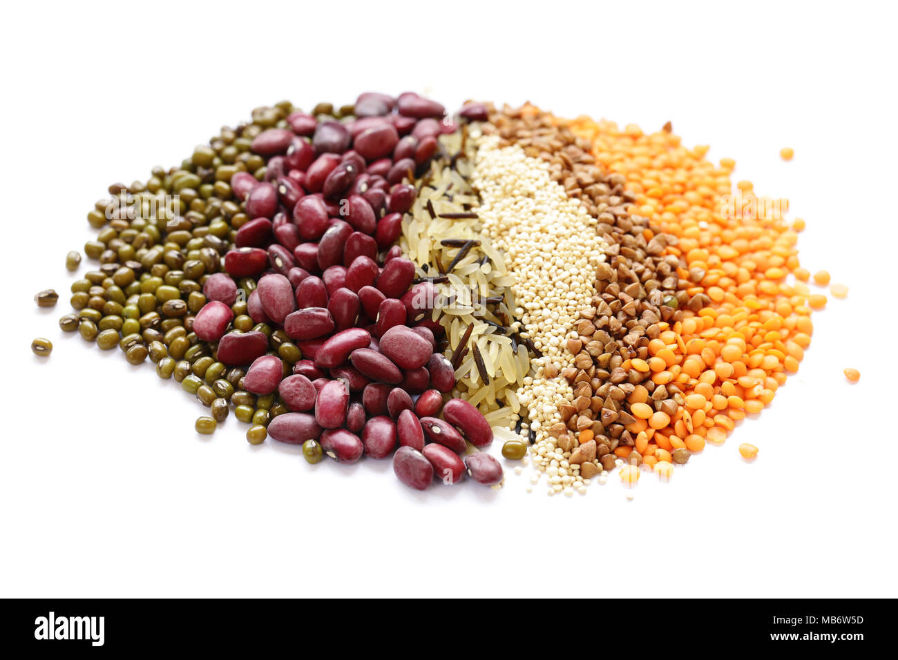 different cereals - beans, lentils, rice on a white background Stock ...