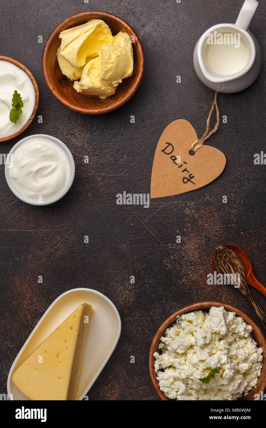 Different types of dairy products on dark background Stock Photo - Alamy