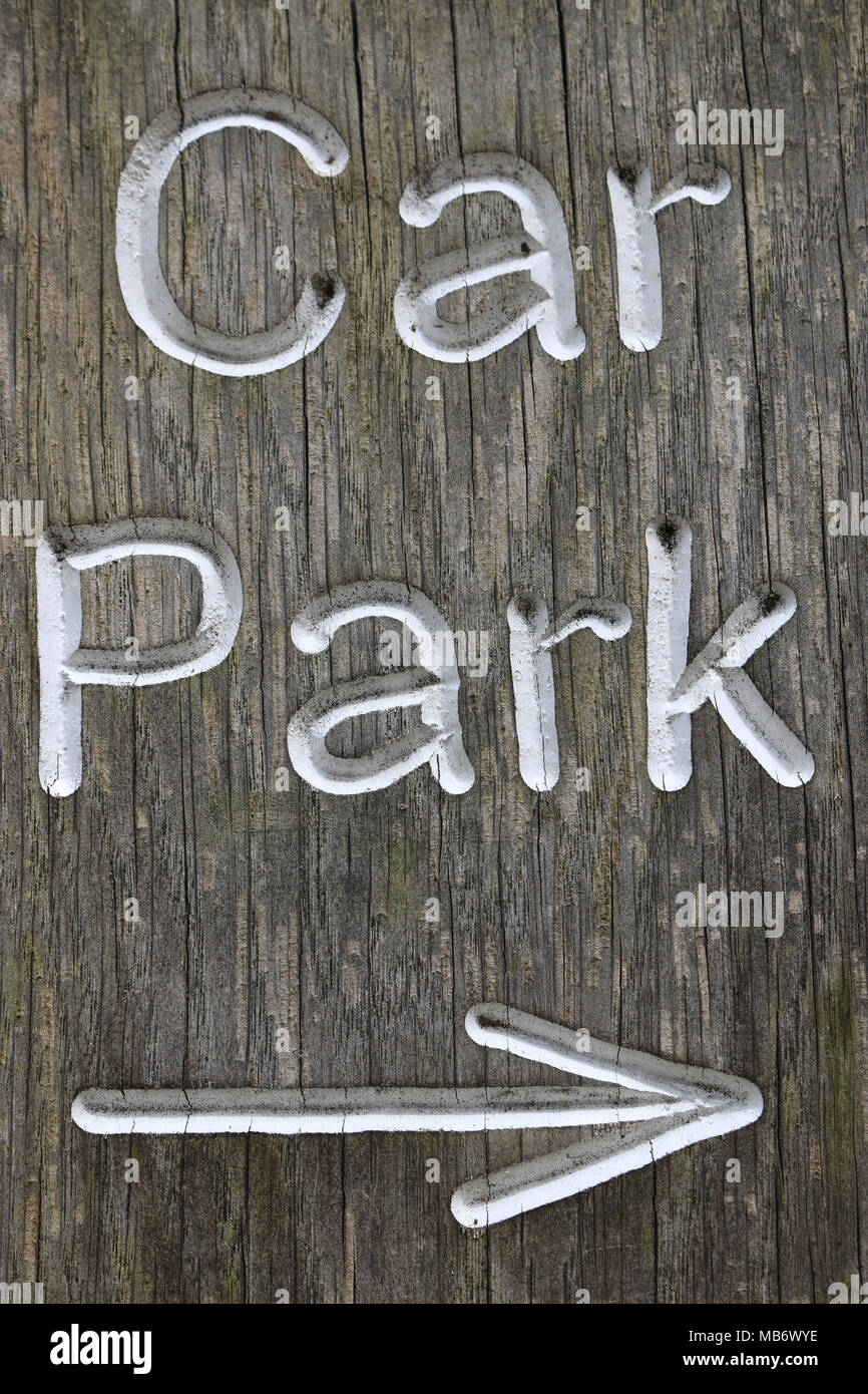 Rustic car park directional sign routed into well grained wood and with ...
