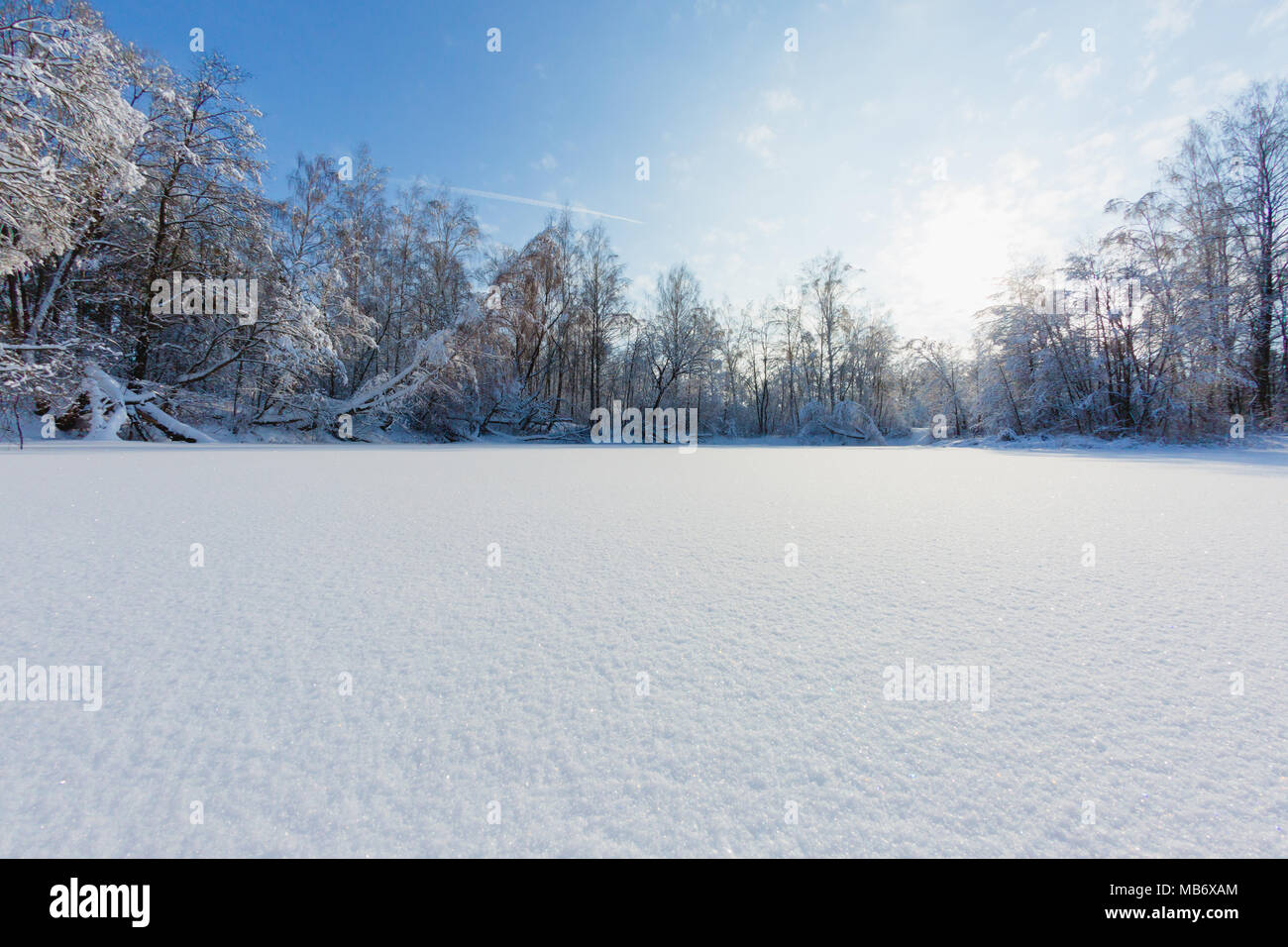 Snow texture and deautiful winter landscape with snow covered lake ...