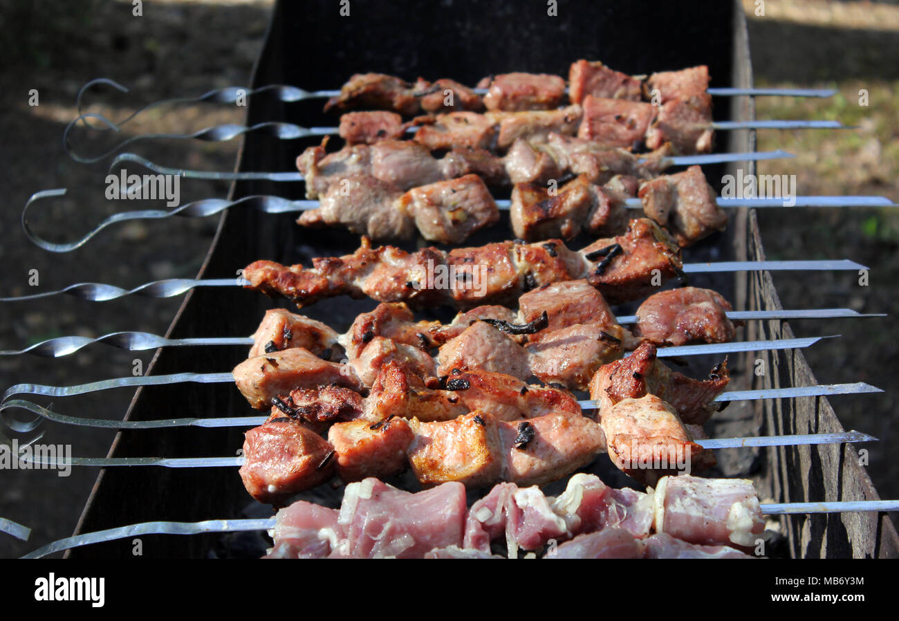 Shish kebab roasting on the grill. BBQ party Stock Photo - Alamy