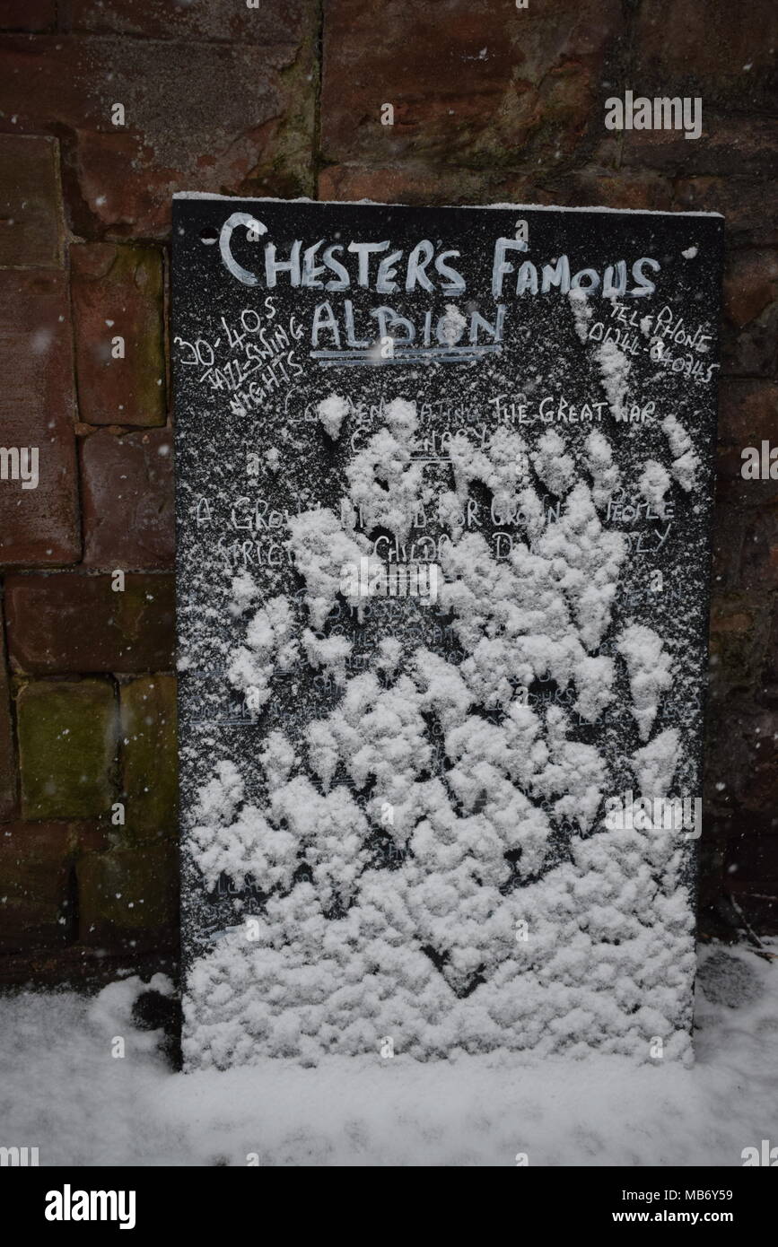 A sign from Chester's historic Albion pub with a healthy layer of snow ...