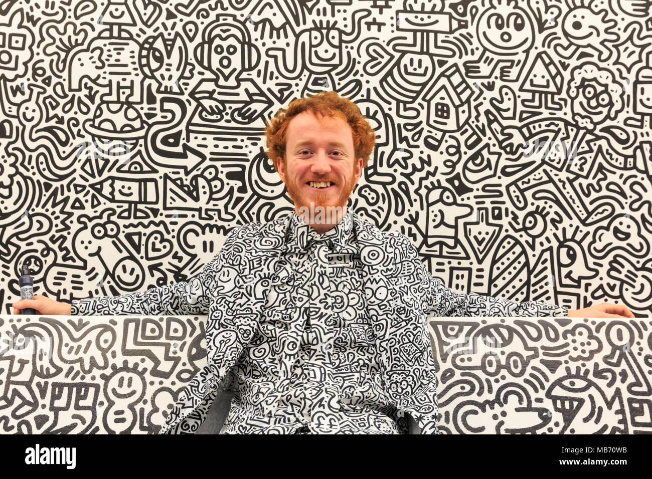 Exchange Square, London, 7th April 2018. Artist Sam Cox, portrait ...