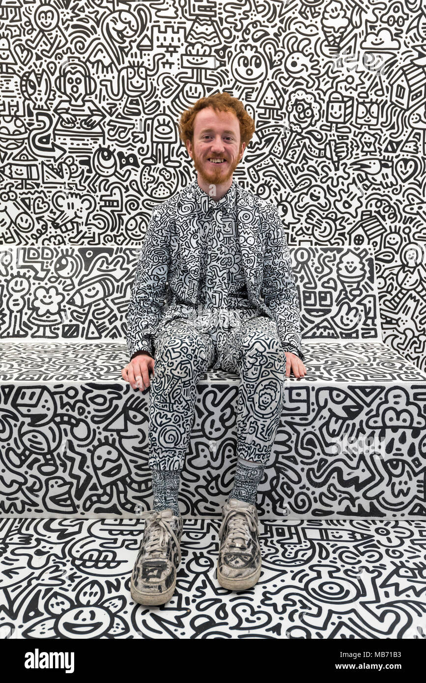 London, UK. 7 April 2018. The artist Mr Doodle poses with his ...