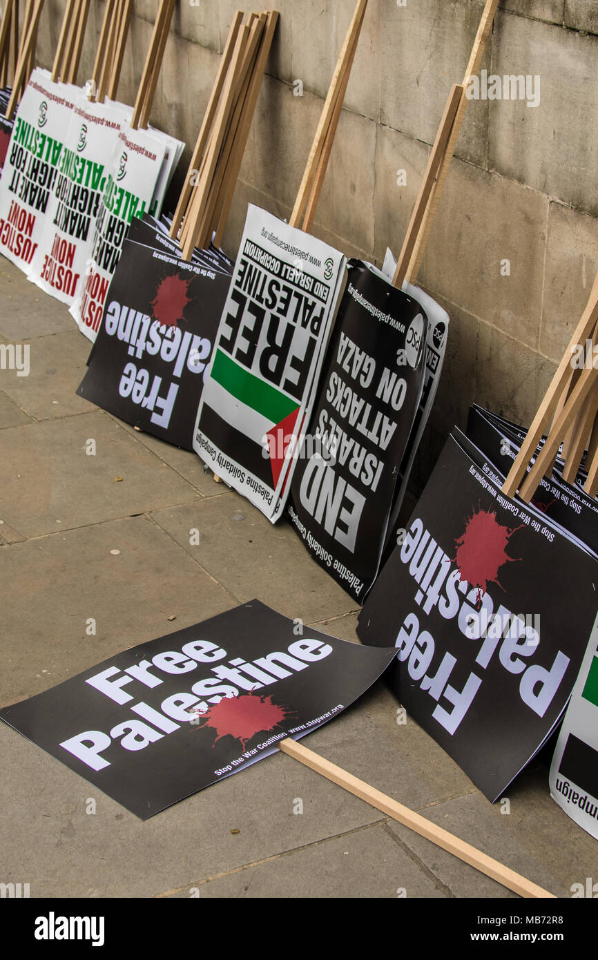 London,UK. 7 April, 2018. Placards in a line. In a National rally ...