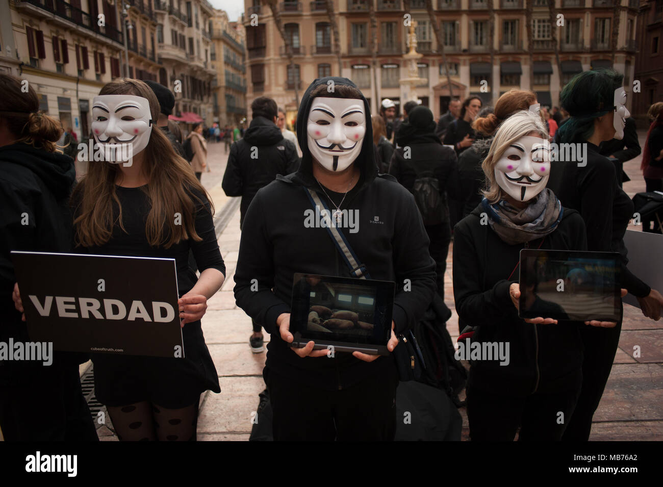 Malaga, Spain. 7th Apr, 2018. Animals rights activists covered with ...