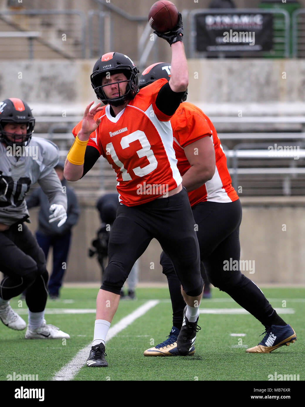 April 7, 2018. Quinn Epperly #13 on the East roster of the NFL Spring ...
