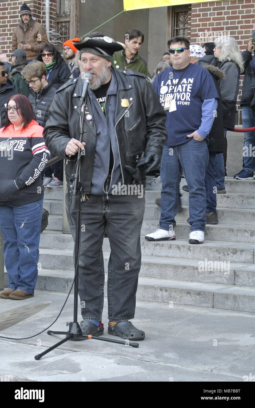 Ann Arbor, Michigan, USA. 7 April 2018. Long time organizer, Adam Brook ...