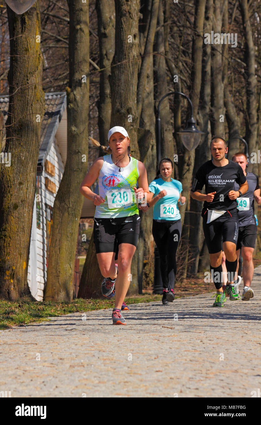 Checiny, Poland, 7th April, 2018. Runners on a paved path among trees ...