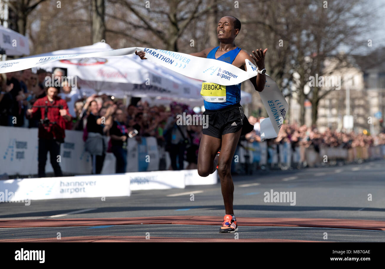 Hanover, Germany. 08 April 2018, Seboka Negussa of Ethiopia wins the ...