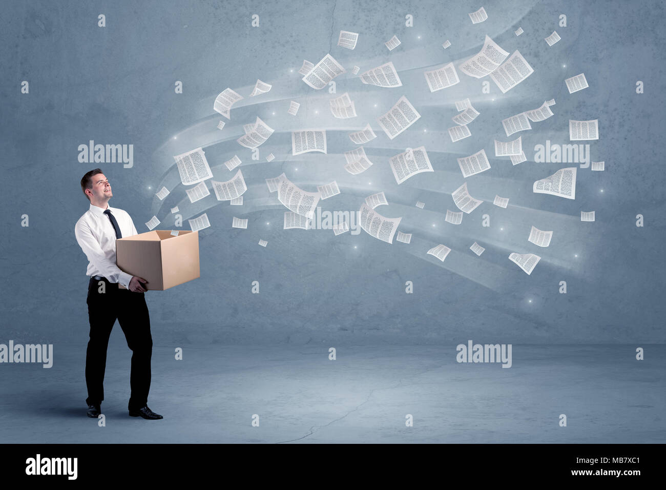 Office documents, contracts, papers flying out of cardboard box being ...