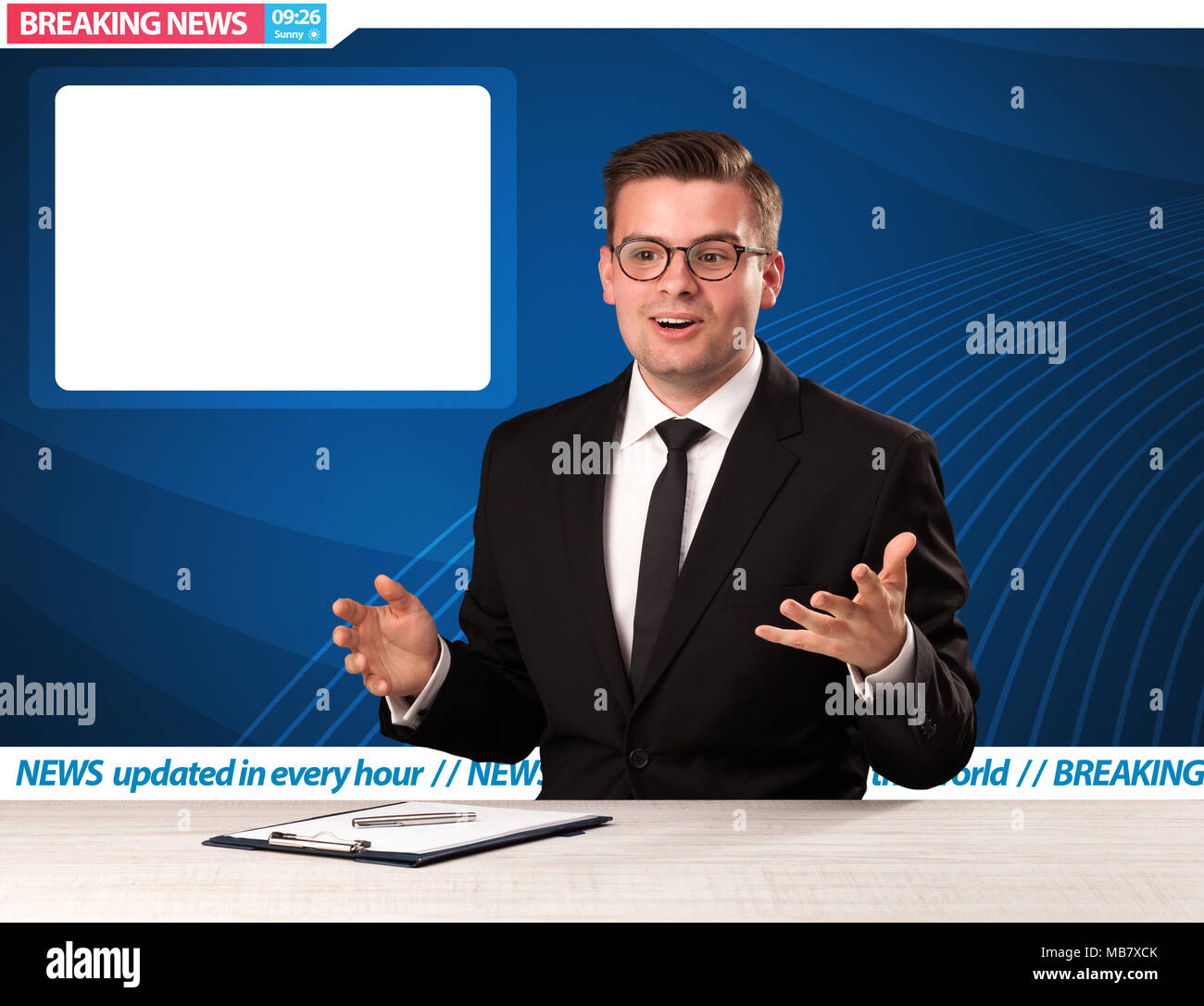 Television reporter telling breaking news at his studio desk with copy ...