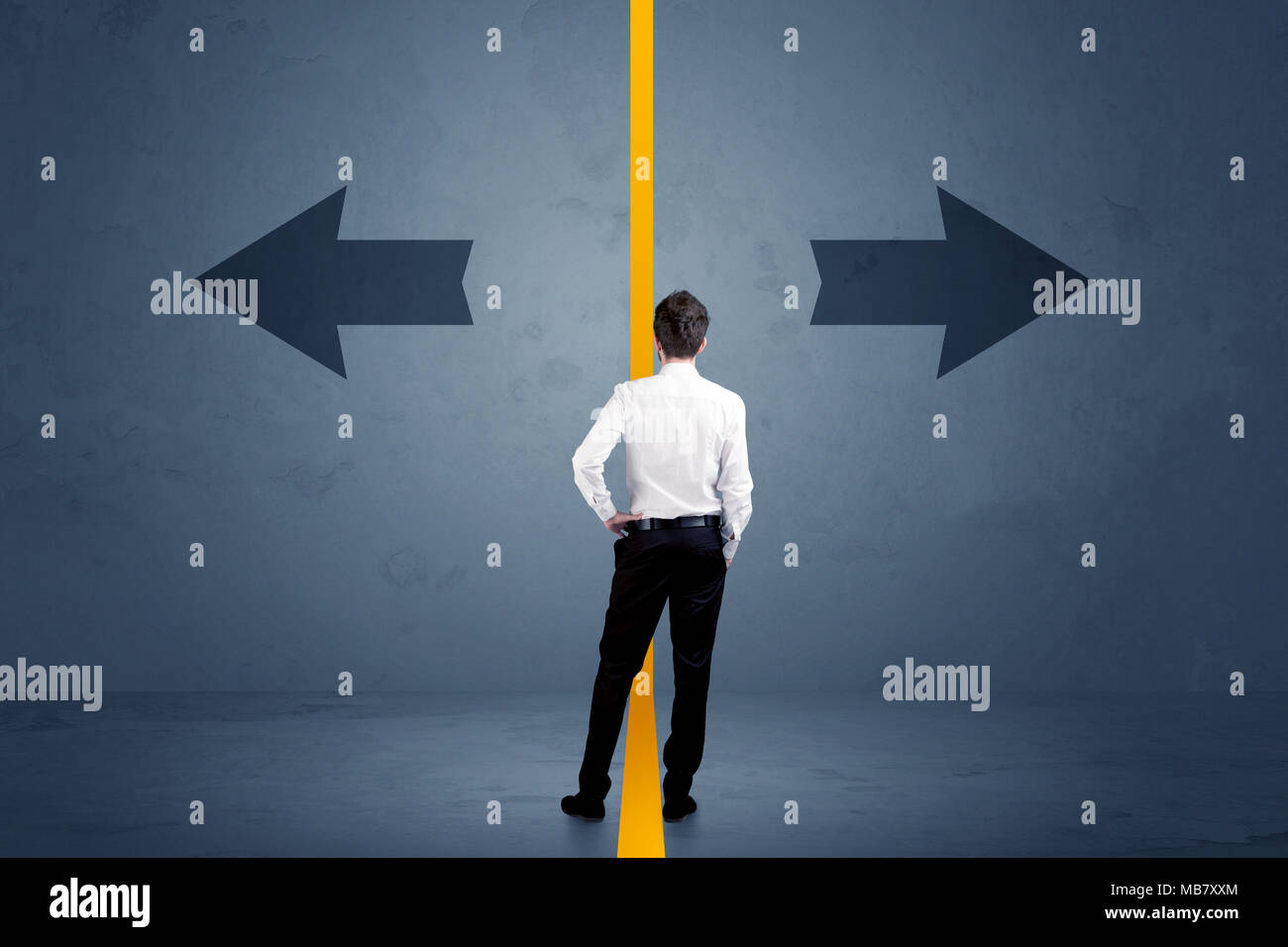 Business person choosing between two options separated by a yellow ...