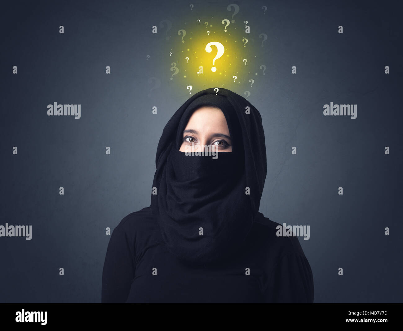 Young muslim woman wearing niqab with yellow question marks above her ...
