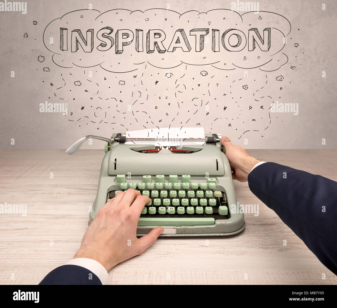 First person perspective hand writing on typewriter with cloud message ...