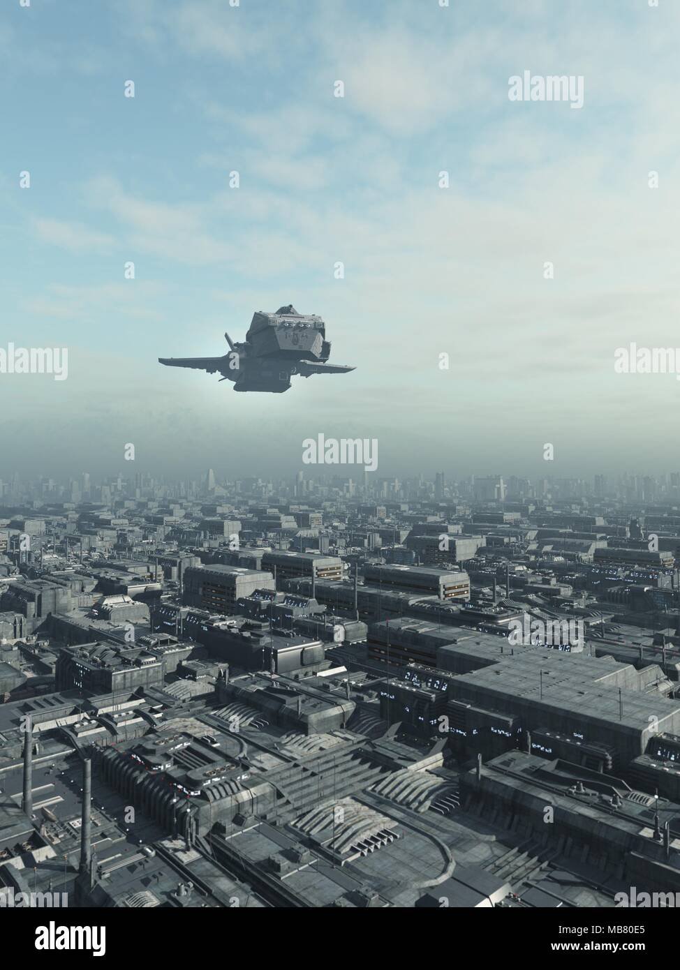 Future City Spaceship Overflight Stock Photo - Alamy