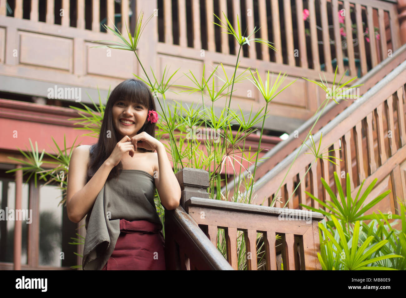 Charming smiling Thai girl with Thai ancient style dressing Stock Photo ...