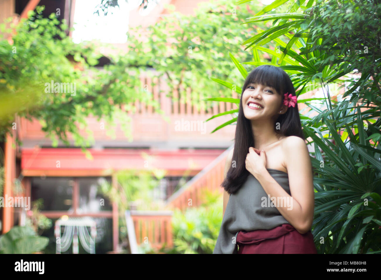 Beautiful smiling Thai girl with Thai ancient style dressing Stock ...