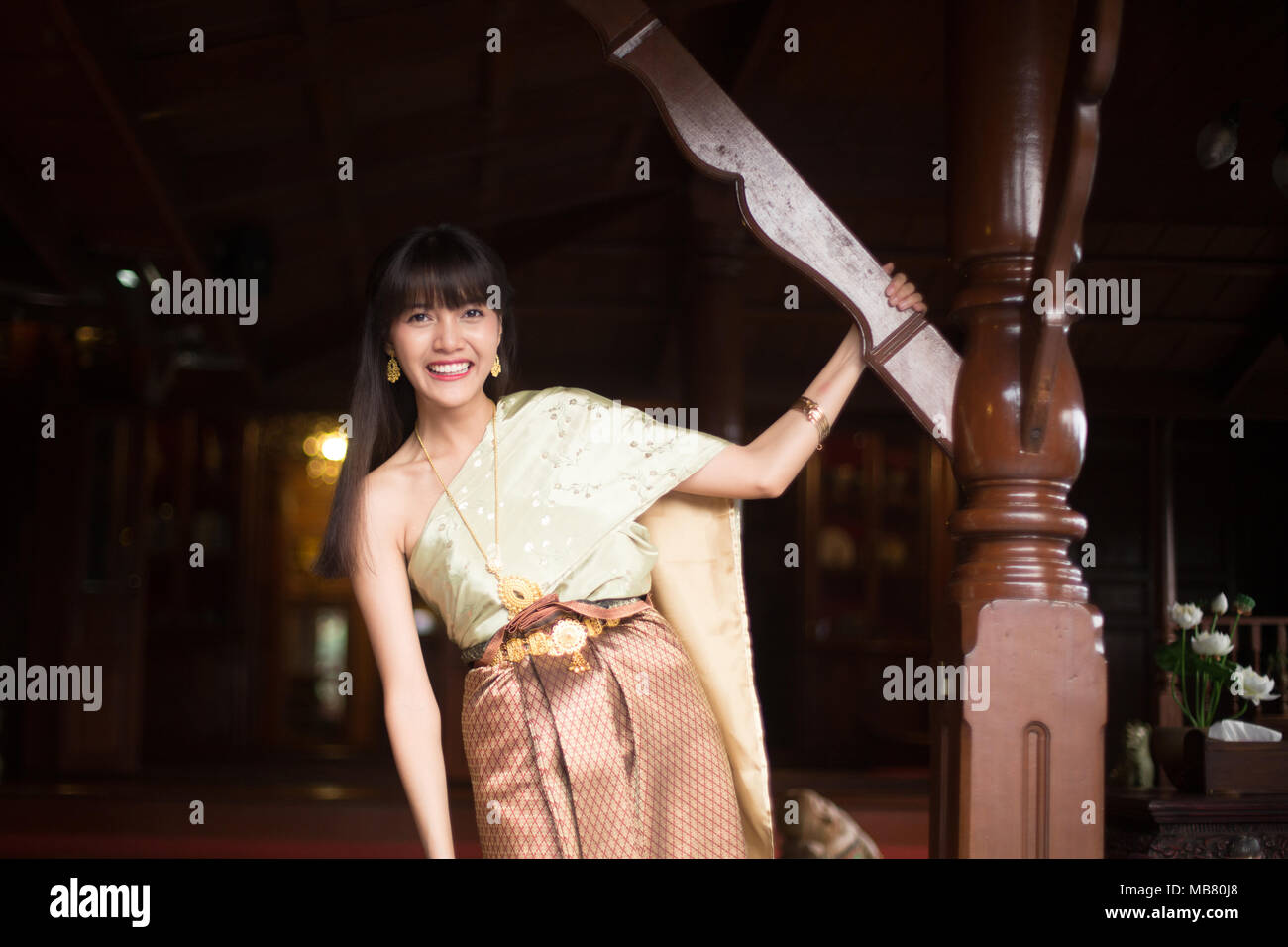 Beautiful smiling Thai girl with Thai ancient style dressing Stock ...