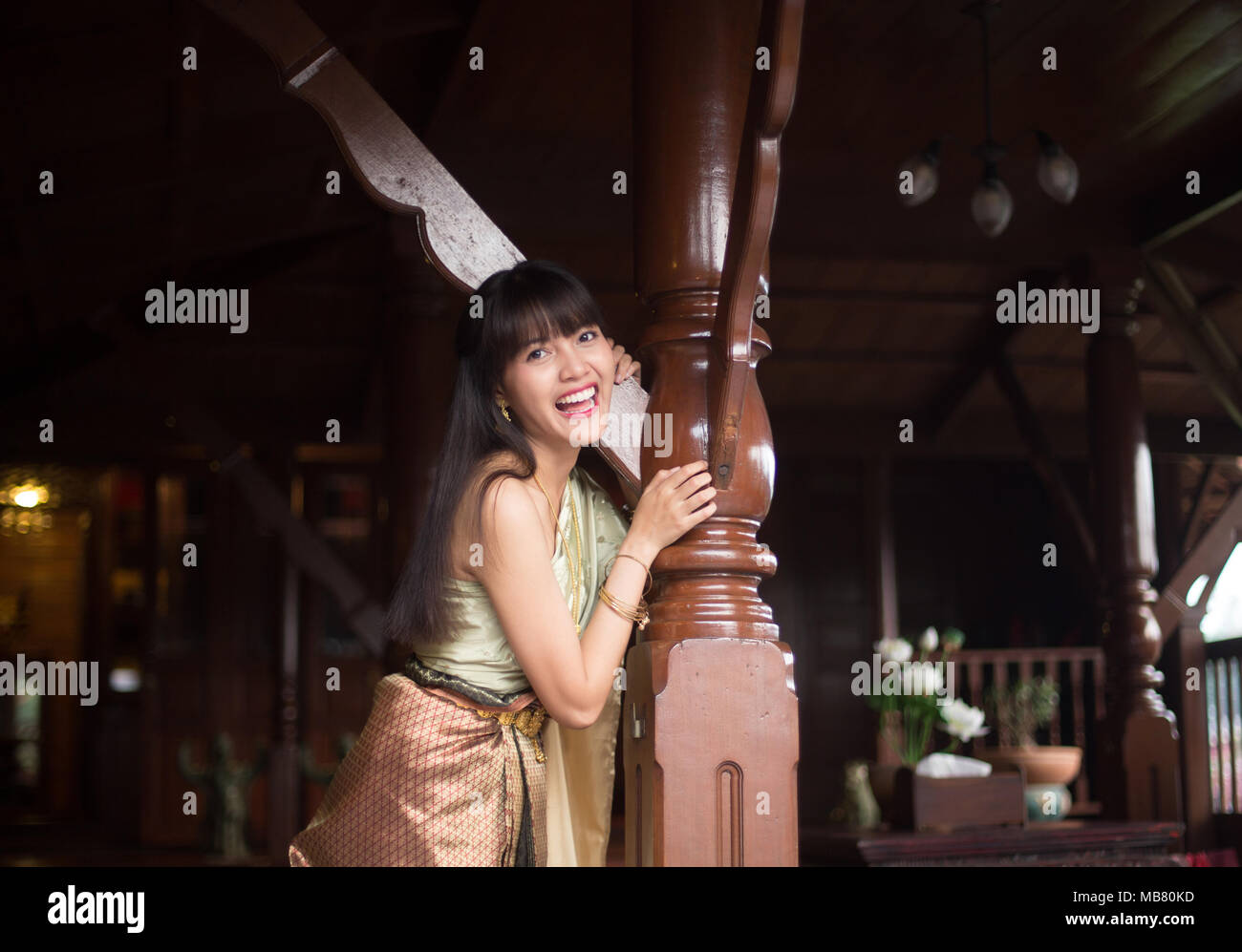 Beautiful smiling Thai girl with Thai ancient style dressing Stock ...