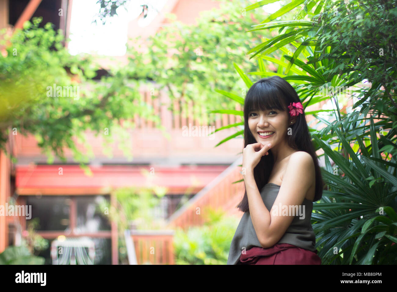 Beautiful smiling Thai girl with Thai ancient style dressing Stock ...