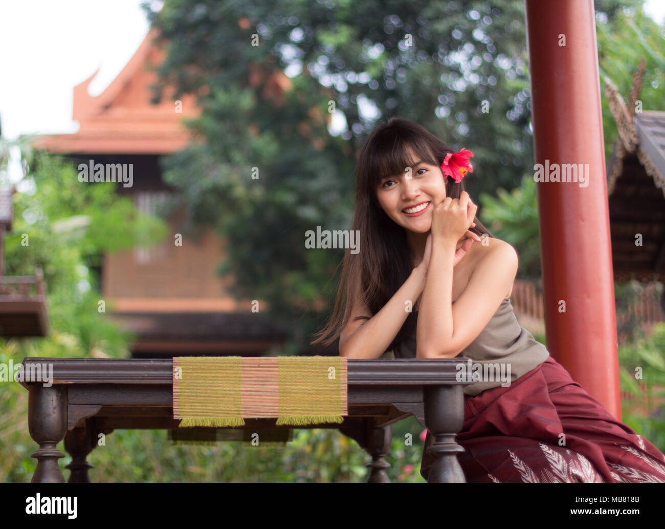 Beautiful smiling Thai girl with Thai ancient style dressing Stock ...