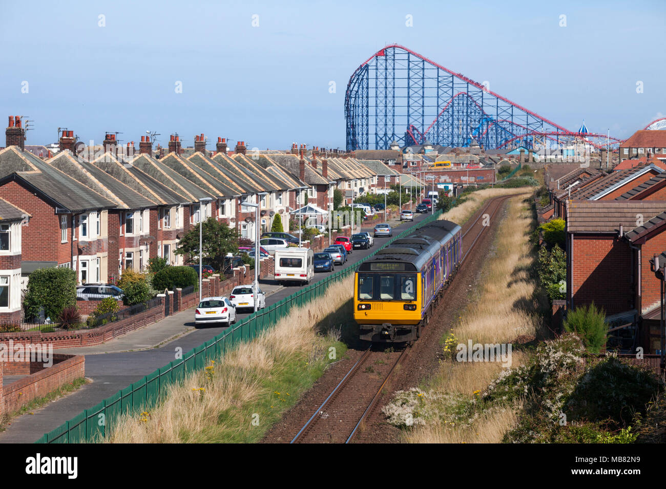 Northern rail class 142 pacer + class 150 sprinter train at Squires Gate, Blackpool, on the ...