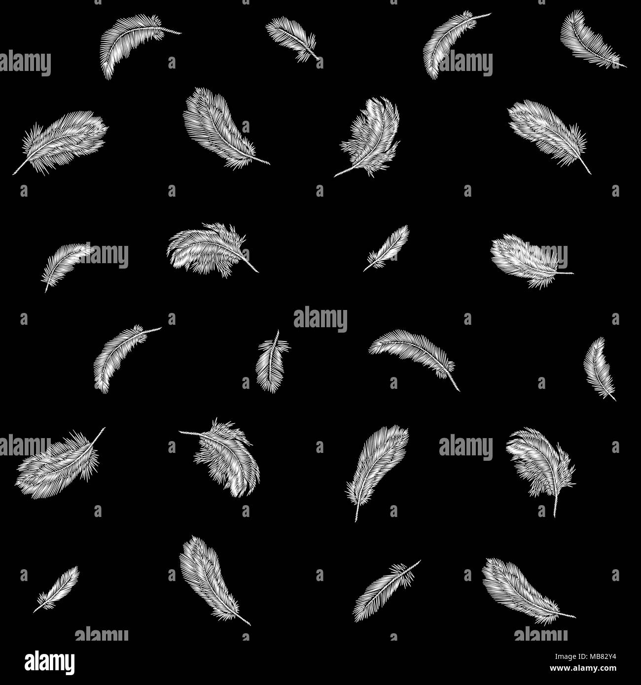 Monochrome black white feathers embroidery seamless border stripe. Boho ...
