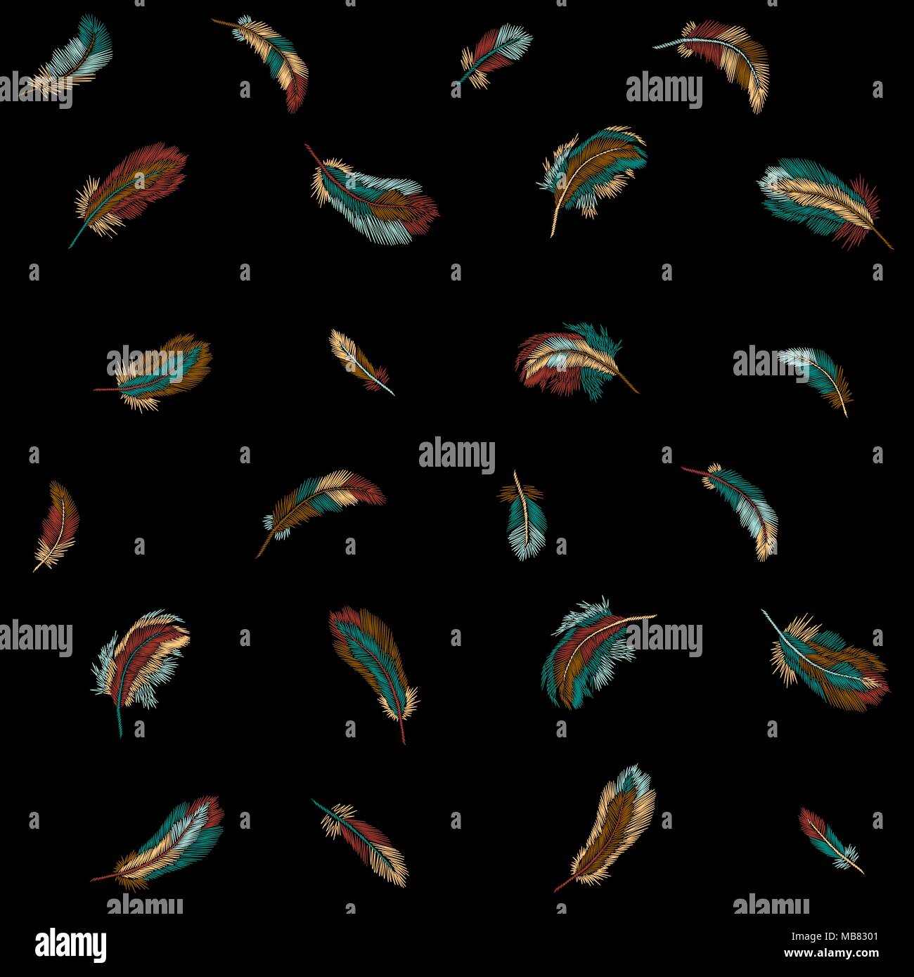 Colorful feathers embroidery seamless pattern. Boho tribal clothes ...