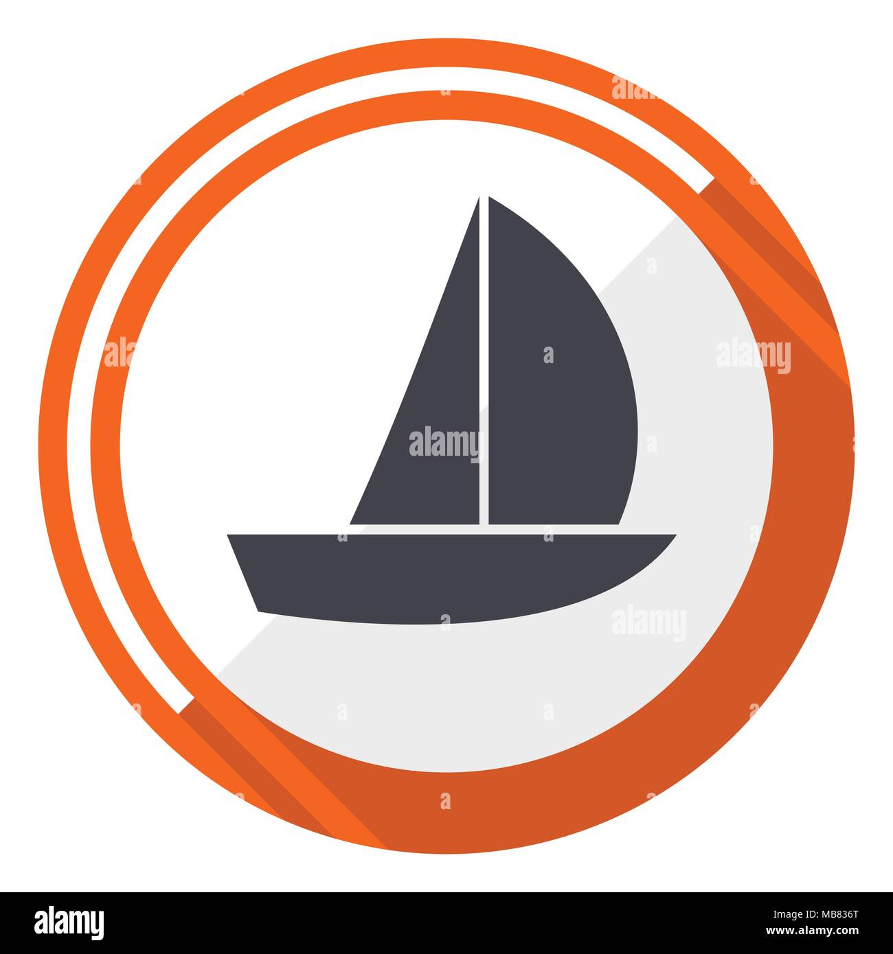Yacht flat design vector web icon. Round orange internet button isolated on white background ...