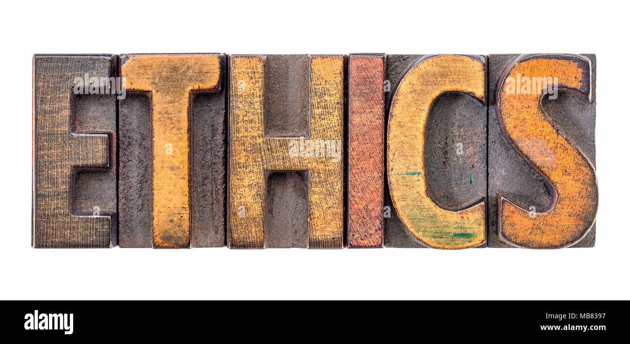 ethics word - isolated text in letterpress wood type blocks stained by ...