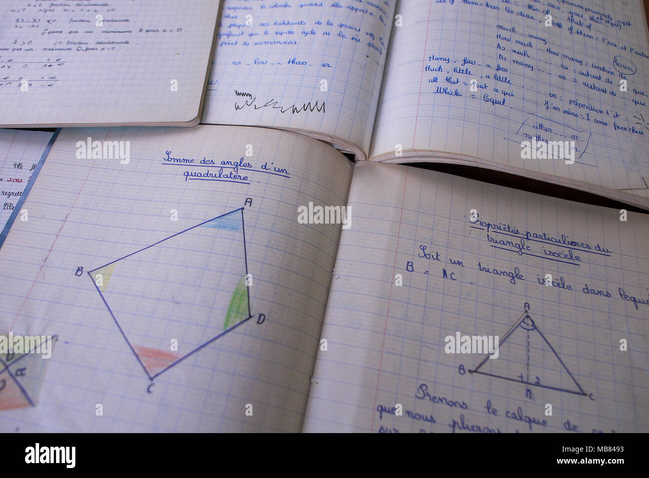 Old exercise schoolbooks displayed on a table in a classroom, Lyon ...