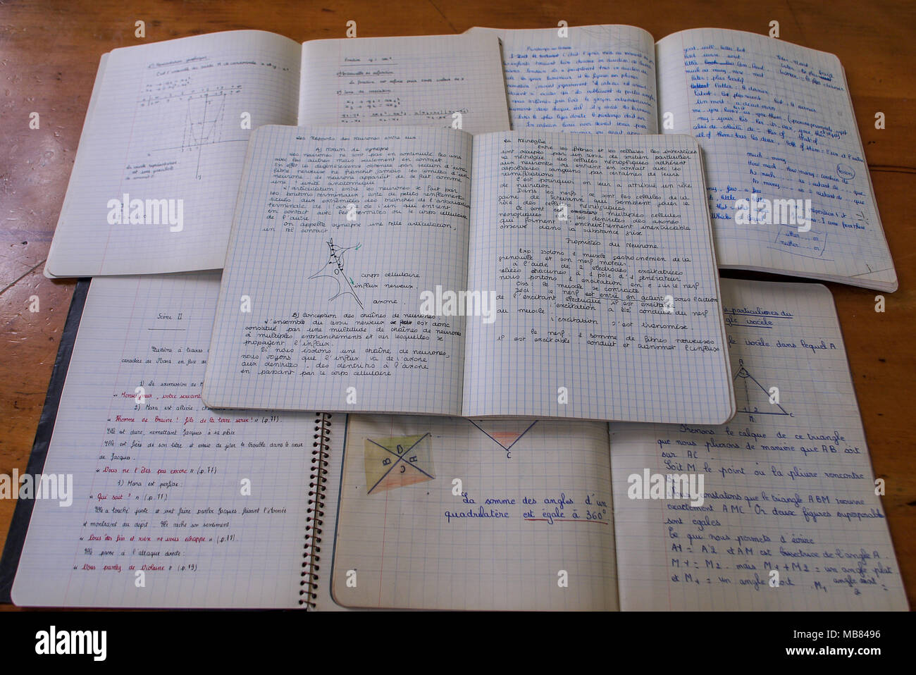 Old exercise schoolbooks displayed on a table in a classroom, Lyon ...
