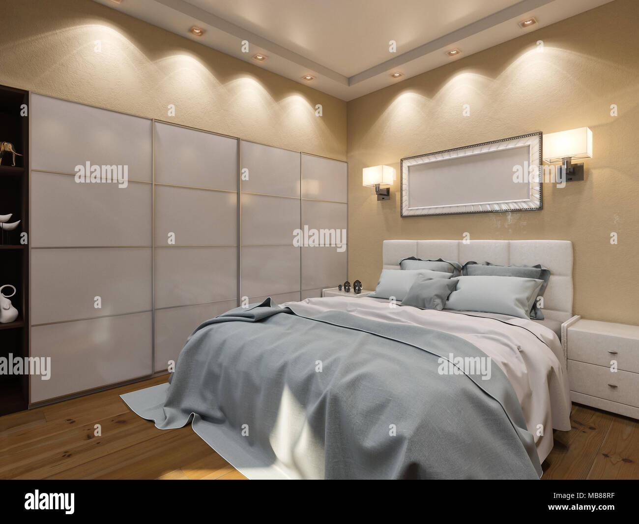 3D render of interior design of a bedroom in beige color Stock Photo ...