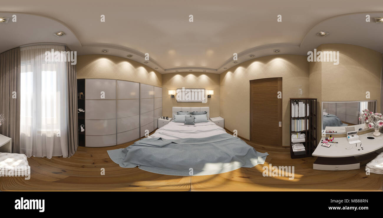 3d illustration spherical 360 degrees, seamless panorama of bedroom ...