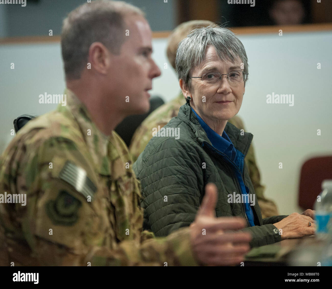 Secretary of the Air Force Heather Wilson listens to U.S. Air Force Col ...
