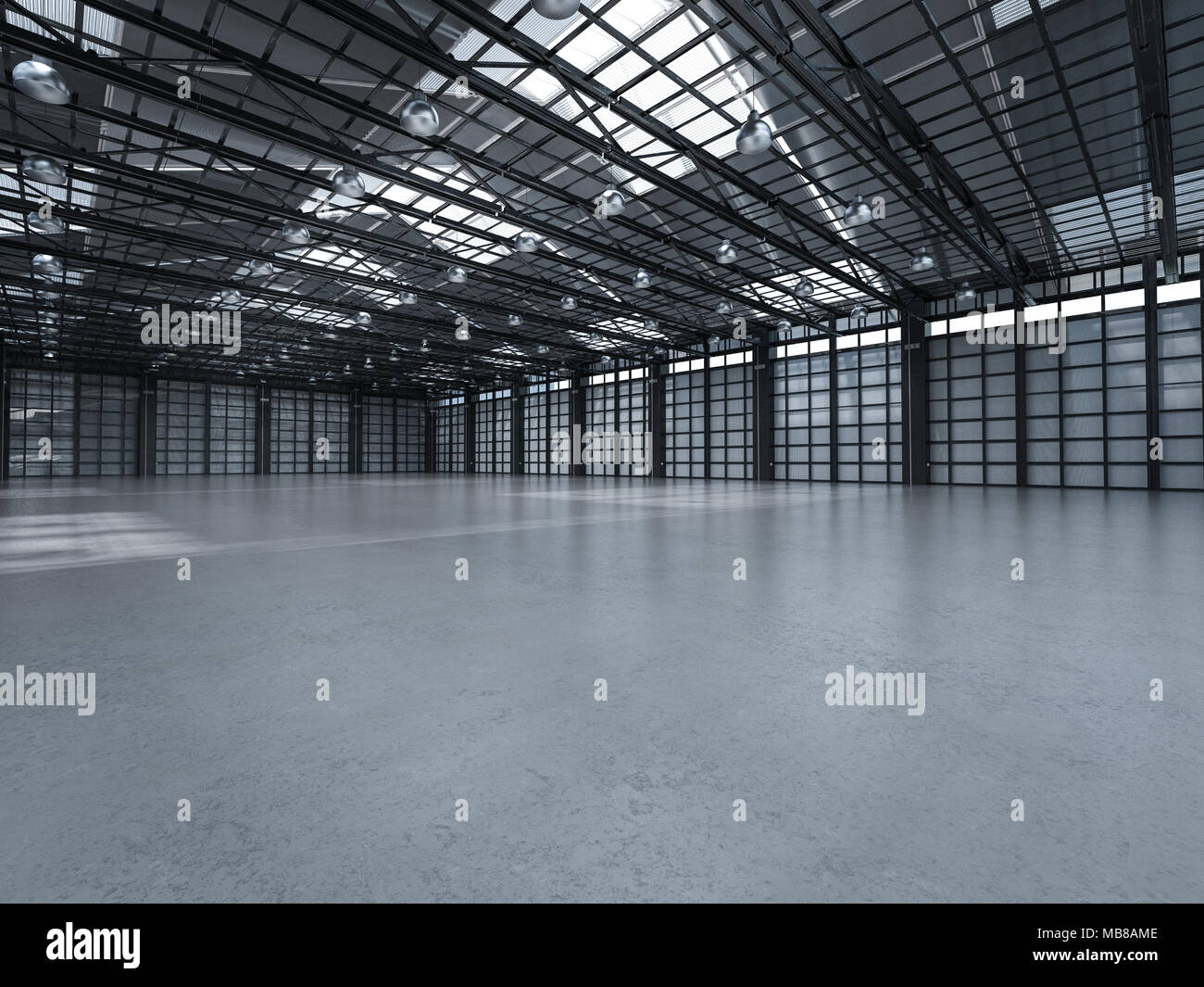 3d rendering empty factory interior with pendant lamps Stock Photo - Alamy