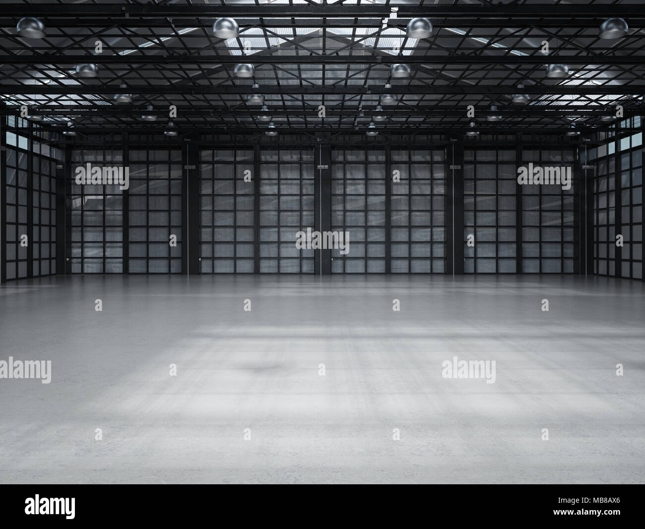 3d rendering empty factory interior with pendant lamps Stock Photo - Alamy