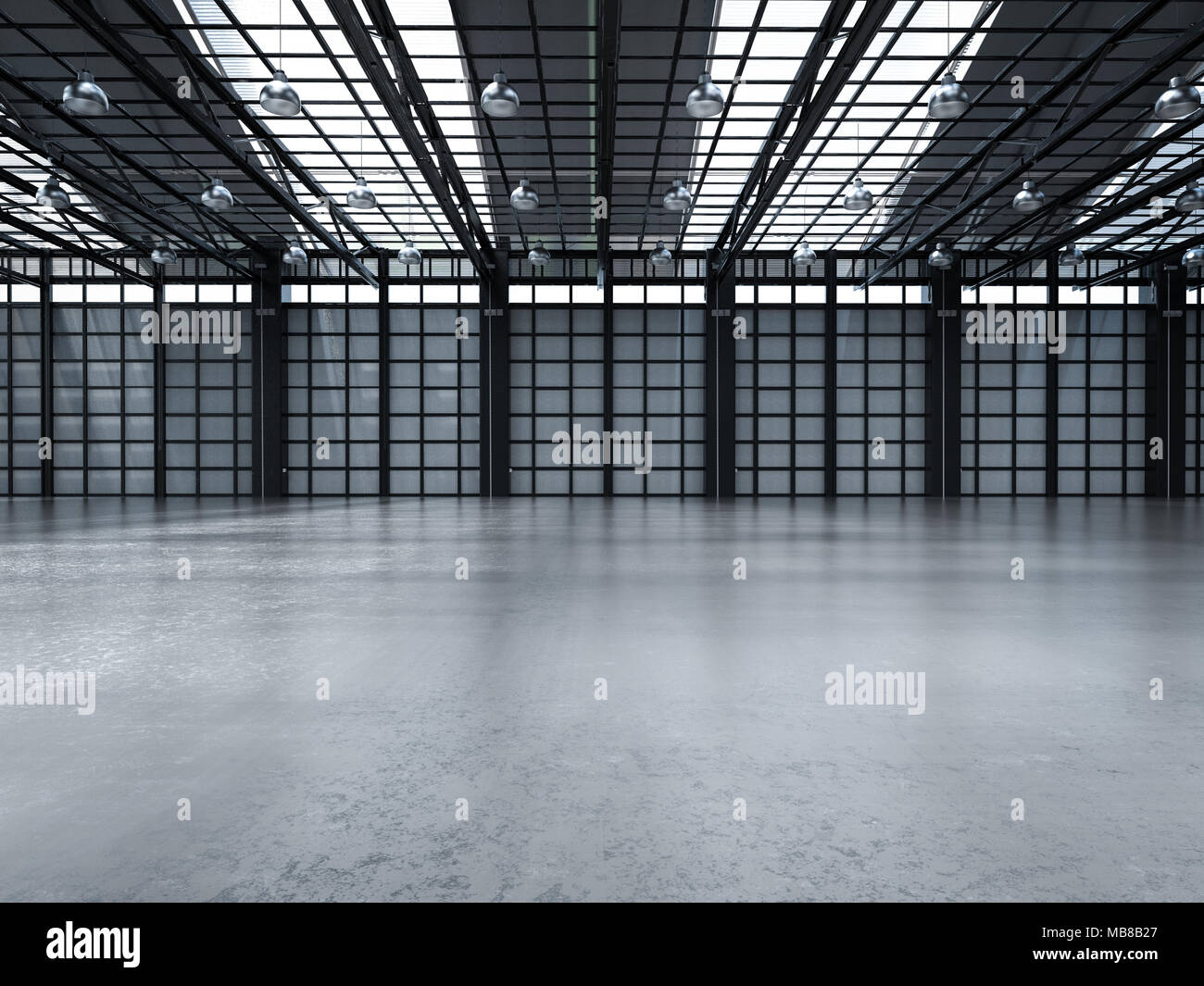 3d rendering empty factory interior with pendant lamps Stock Photo - Alamy