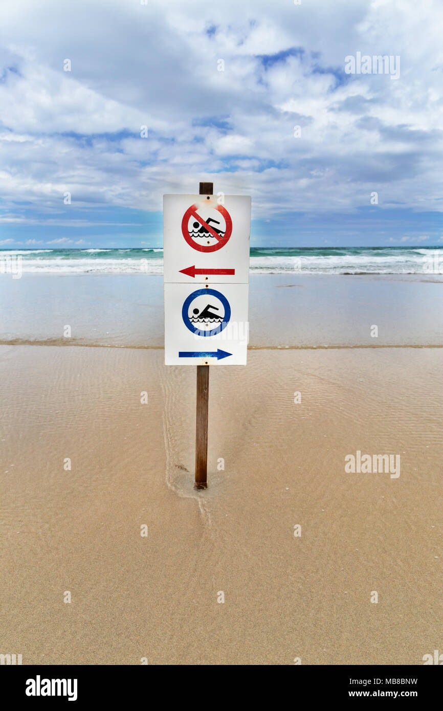 Signs for vacationers on the sandy beach by the sea. The sign specifies ...