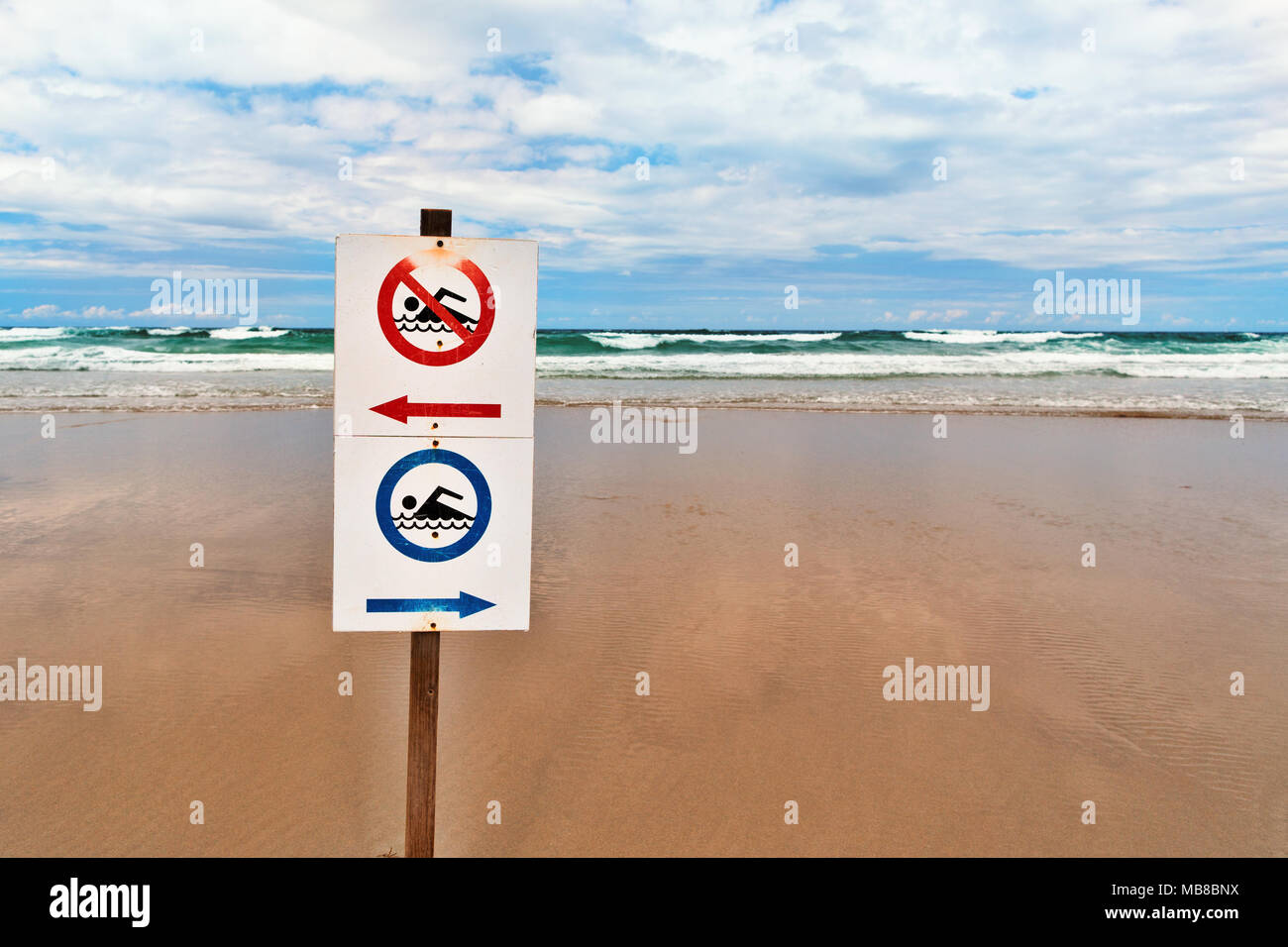 Signs for vacationers on the sandy beach by the sea. The sign specifies ...