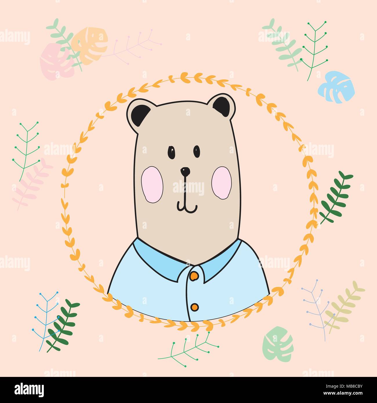 Cute bear cartoon with floral frame and flower and leaves background ...