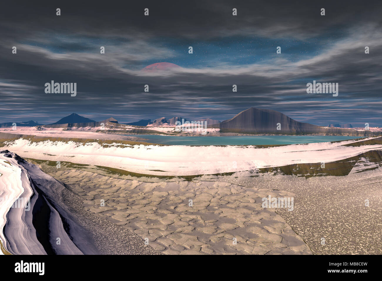 Fantasy alien planet. Mountain and water. 3D illustration Stock Photo ...