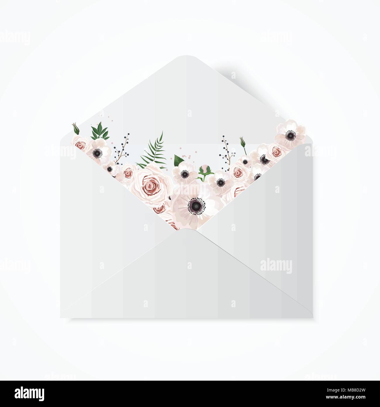 Flowers in envelope on the white background. Opened envelope with ...