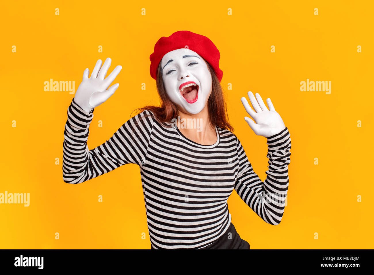 Portrait of cute mime woman sing very well. Emotions and feelings ...