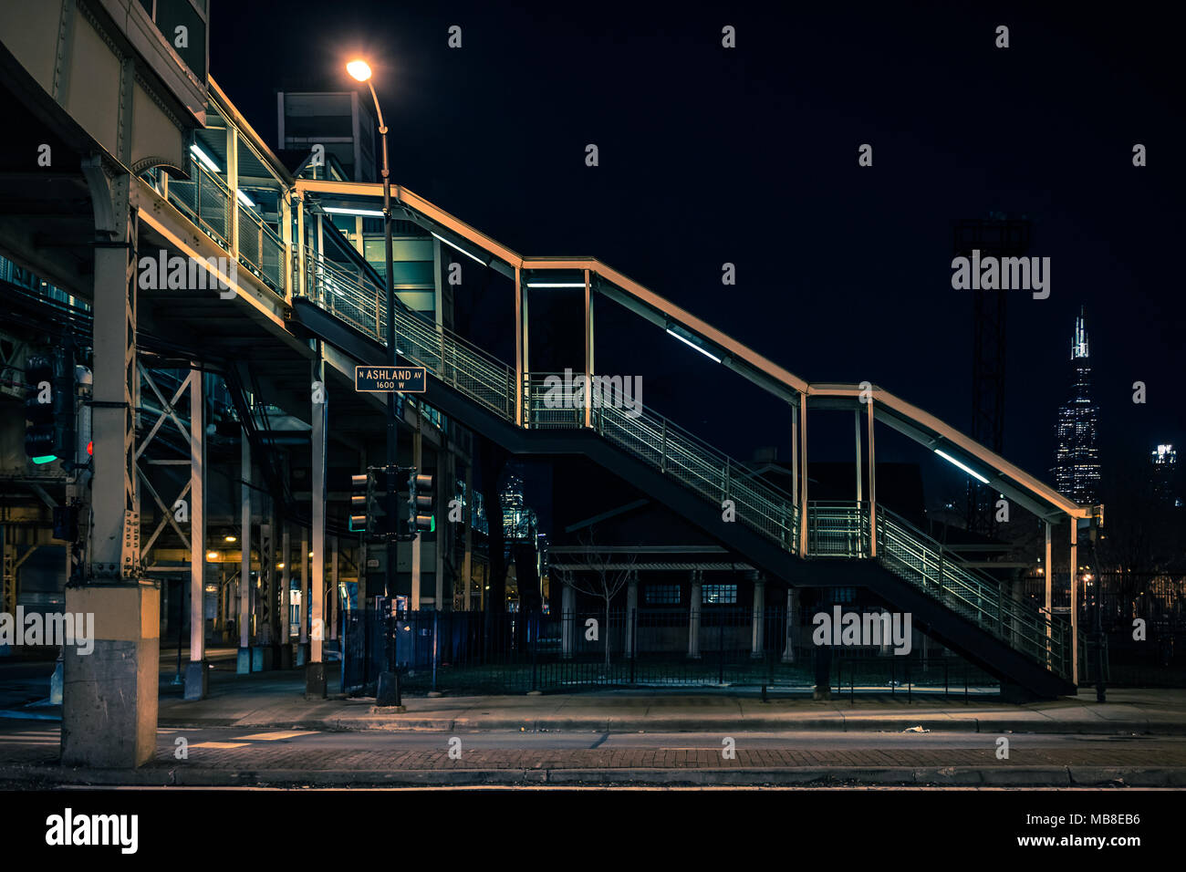 Vintage Chicago elevated CTA train subway station at night with the ...