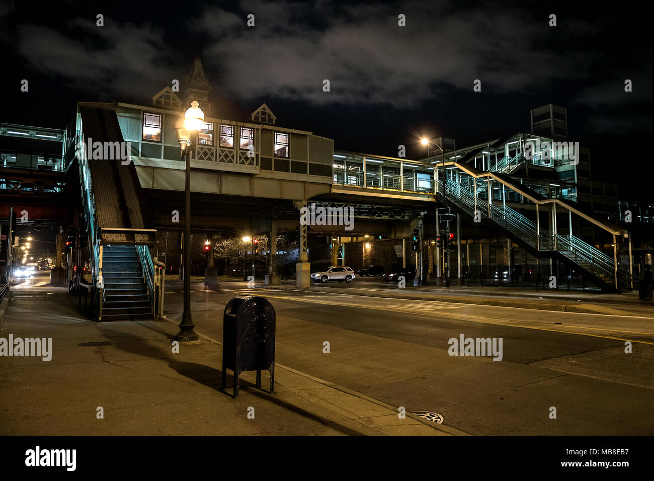 Vintage Chicago elevated CTA train subway station at night Stock Photo ...