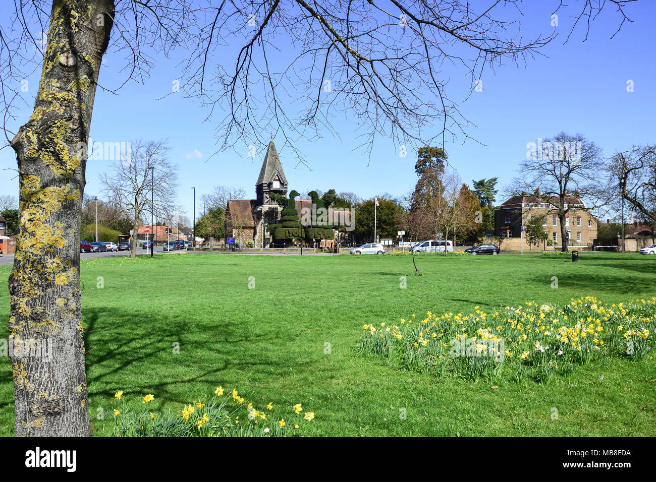 St Mary's Church and Bedfont Green in spring, Bedfont, London Borough ...