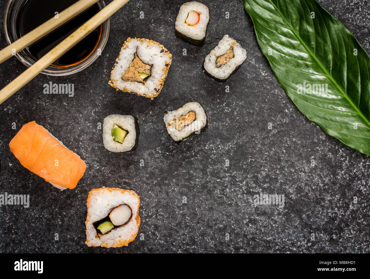 Traditional japanese sushi rolls hosomaki,uramaki, nigiri and ...